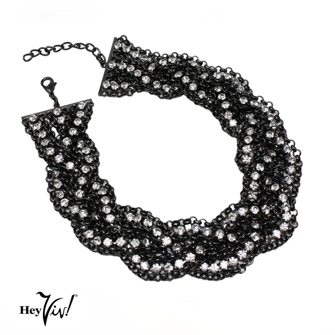 Vintage Black Metal Braid Chain Collar Necklace W Rhinestones 21" Long ...