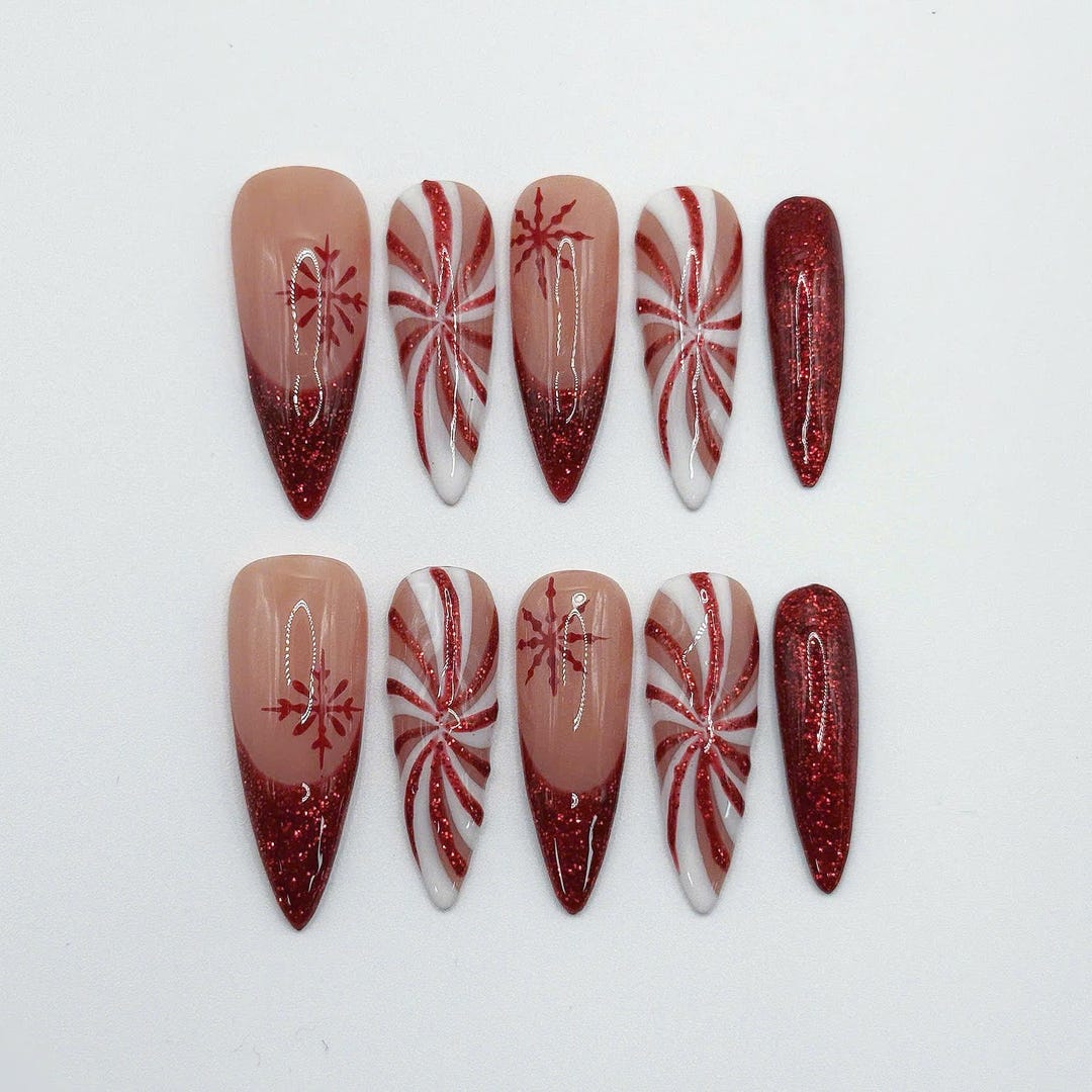 Handmade Red Glitter Christmas Press on Nails, Peppermint Candy Nail ...