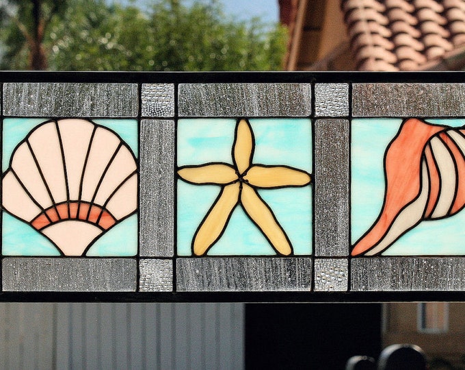 SEA SHELLS - Large Stained Glass Window Panel or Transom, Aqua Blue ...