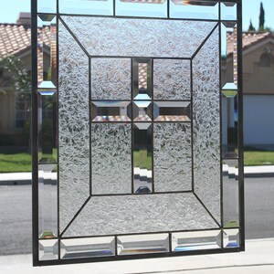 CLEAR CROSS Contemporary Stained Glass Window Panel With Beveled Cross ...