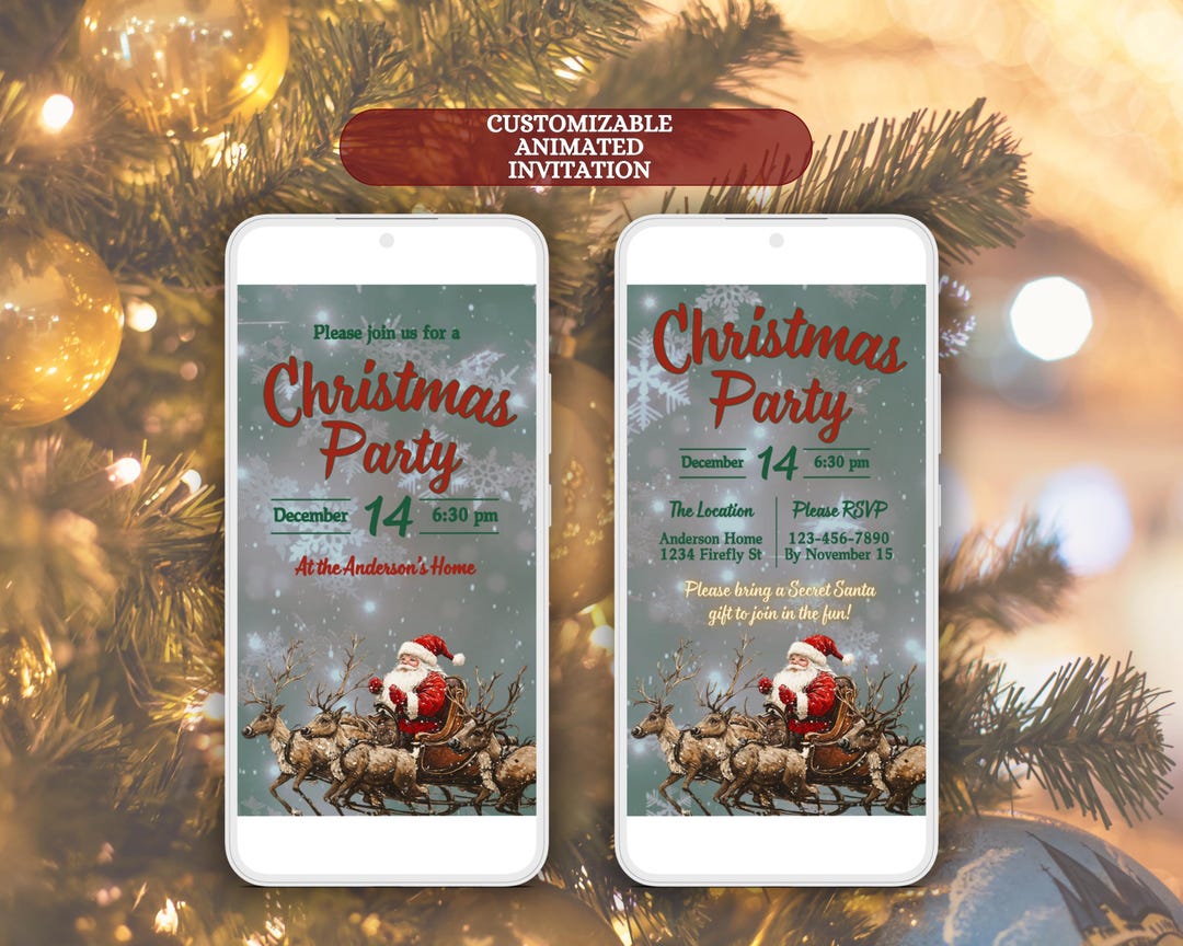 Christmas Party Invitation Santa Claus Invite Reindeer and Sleigh Snow Editable and Animated ...