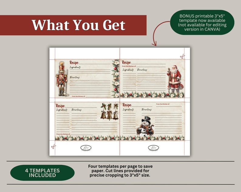 Christmas Recipe Cards | Holiday Recipe Cards | Vintage | Printable ...