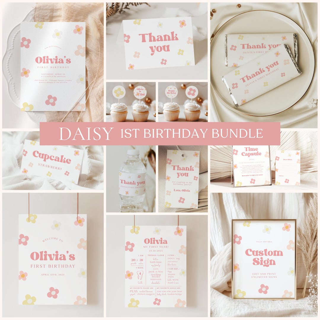 Daisy Flower 1st Birthday Bundle Template, Flower Birthday Girl Digital ...
