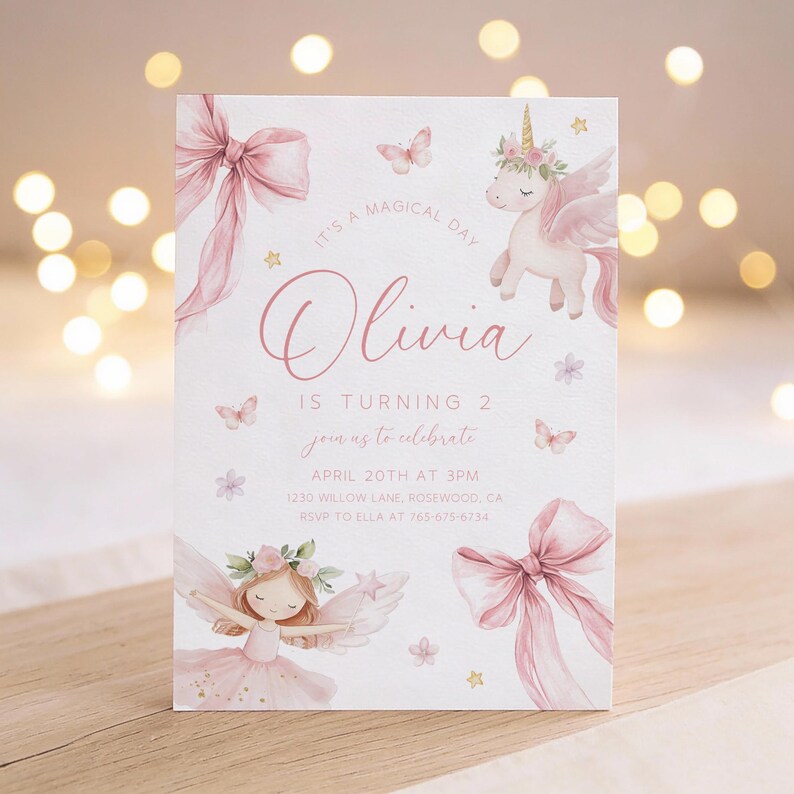 Fairy Unicorn Birthday Invitation Template, Pink Bow Theme (digital ...
