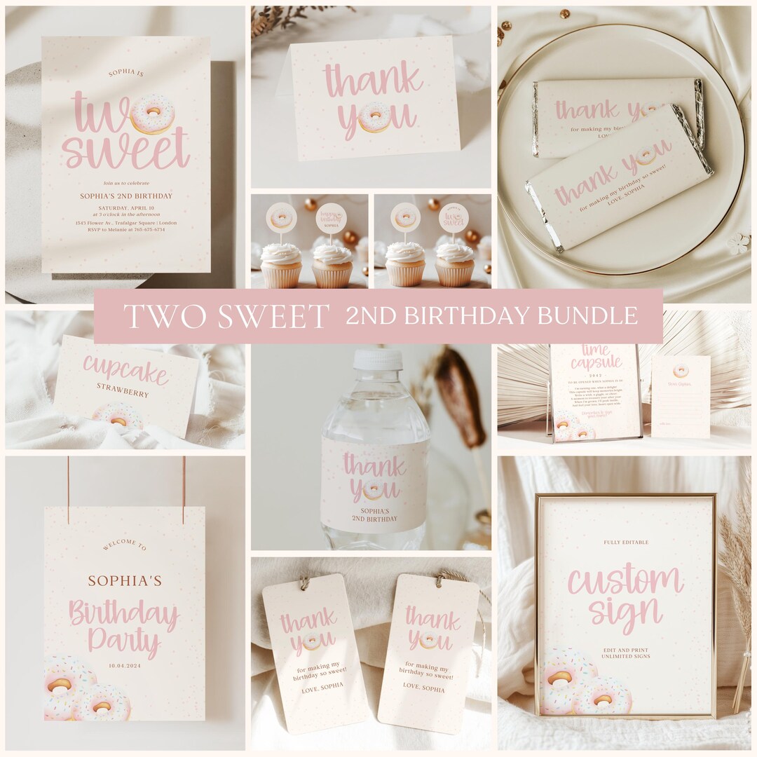 Two Sweet Birthday Bundle Template, Donut 2nd Birthday Digital Party ...