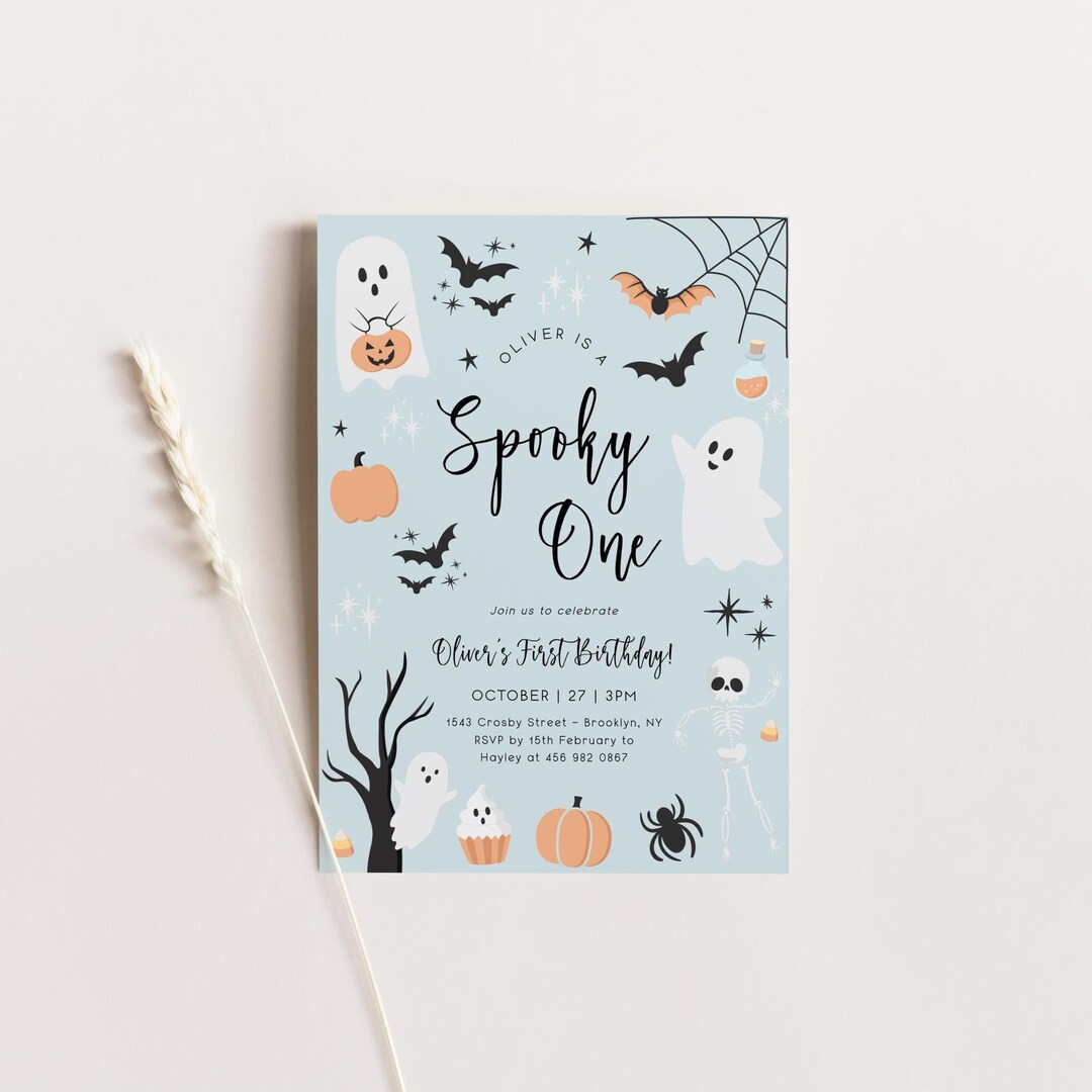 Halloween Spooky One Birthday Blue Invitation Template, Halloween First ...
