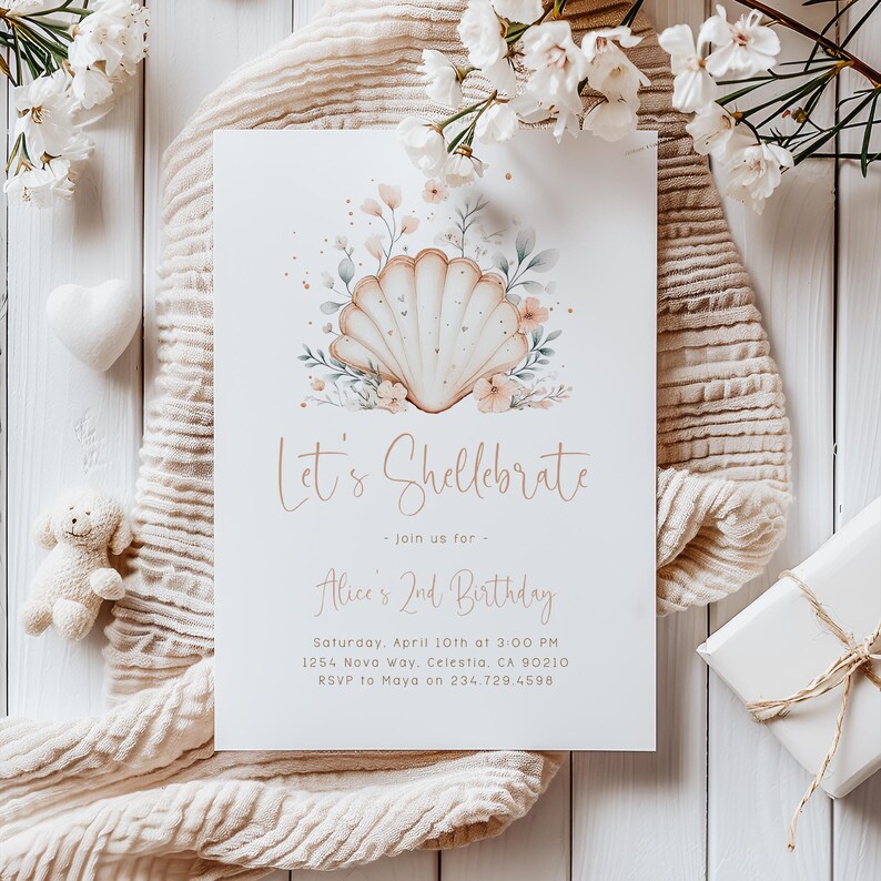 Editable Sea Shell Birthday Girl Invitation, Let's Shellebrate Beach ...