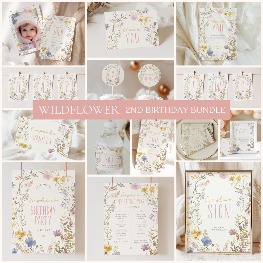 Wildflower 2nd Birthday Bundle Template, Editable Two Wild Birthday ...