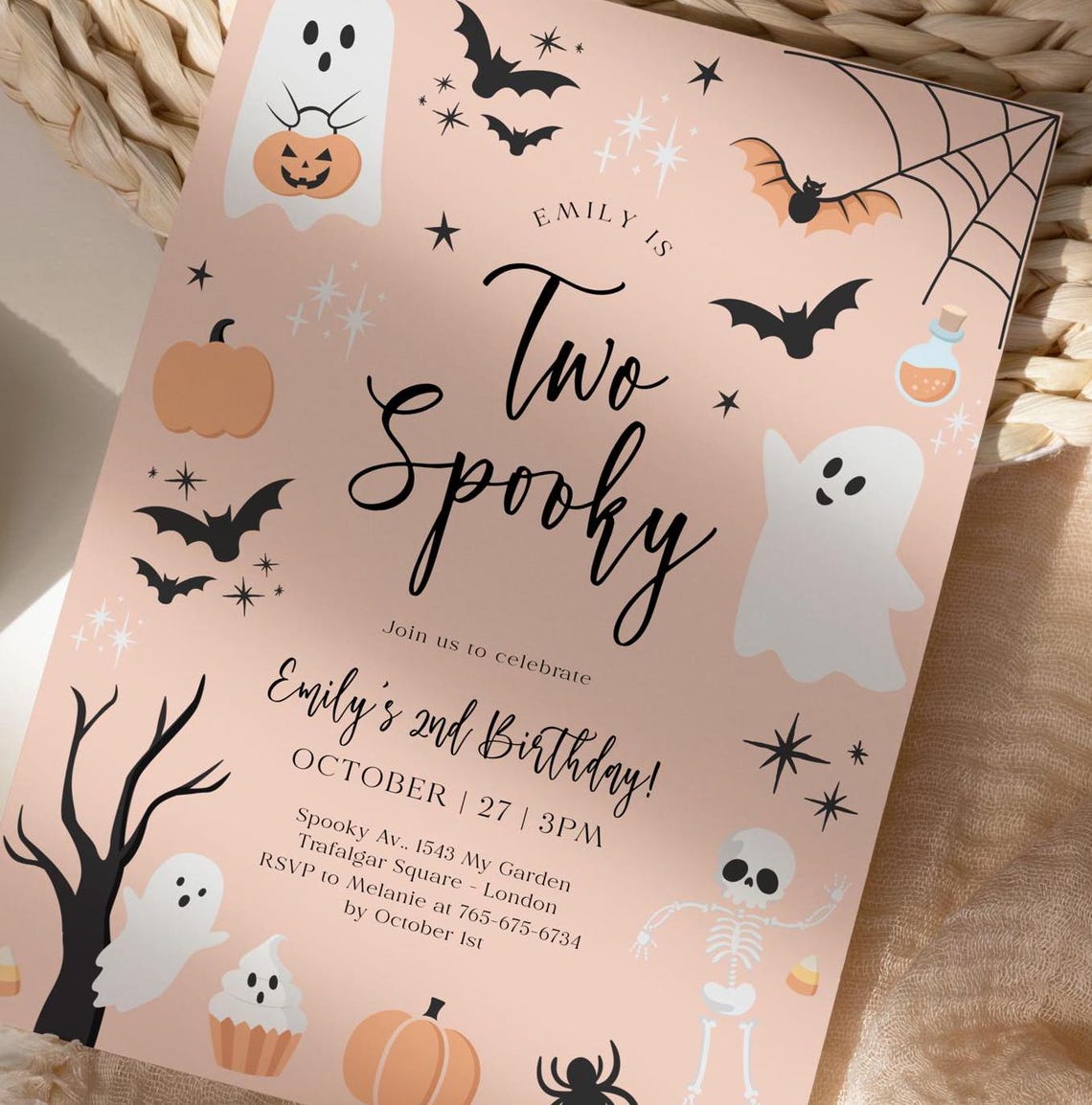 Two Spooky Halloween Birthday Invitation, Editable Template (digital ...