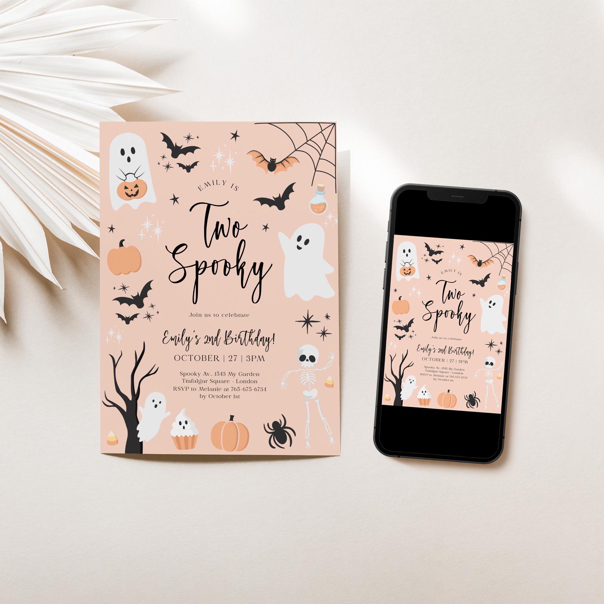 Two Spooky Halloween Birthday Invitation, Editable Template (digital ...