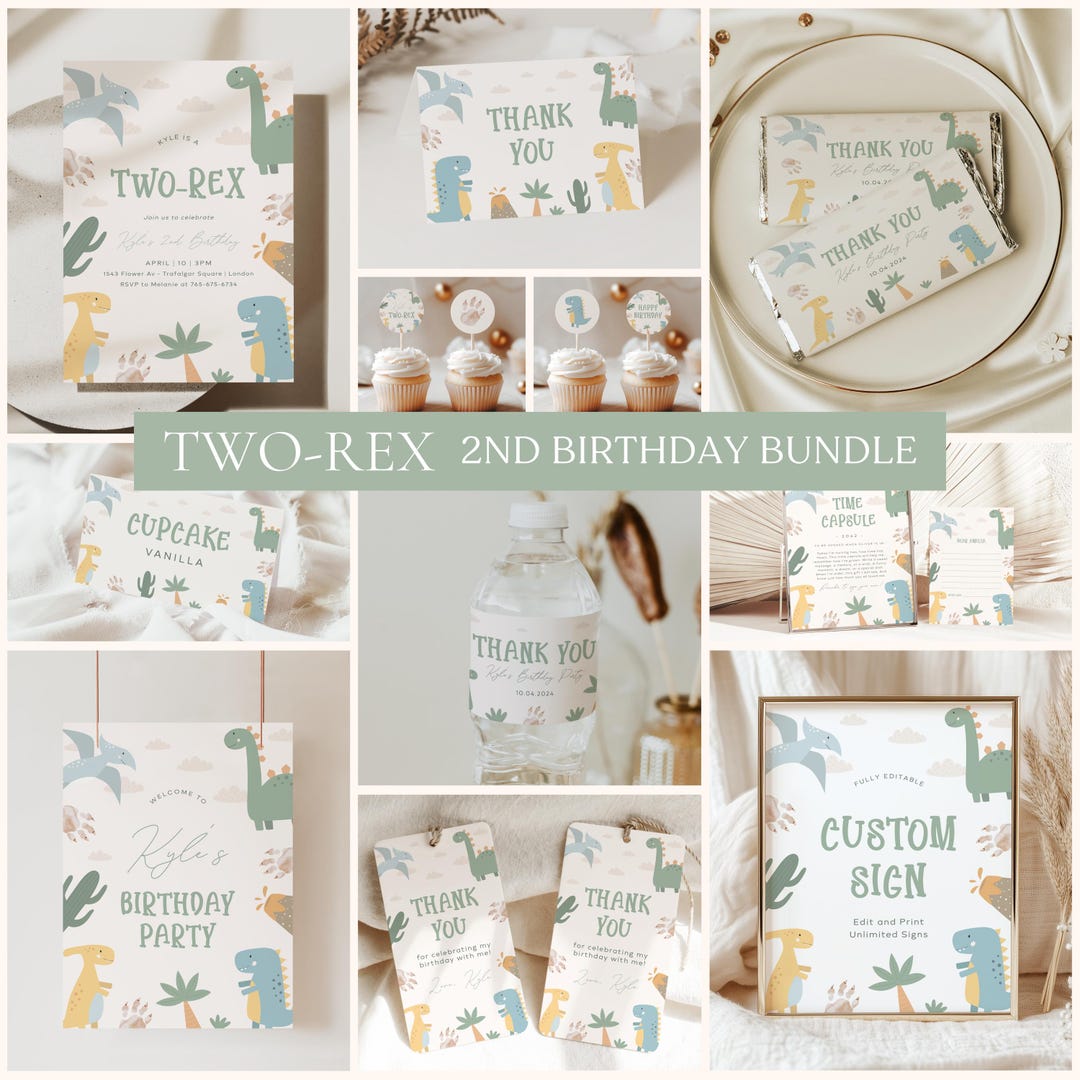Two-rex Dinosaur Birthday Bundle Template, Dinosaur 2nd Birthday Party ...
