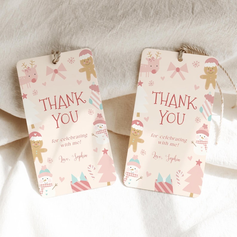 Christmas Birthday Thank You Tag, Editable Winter Favor (digital ...