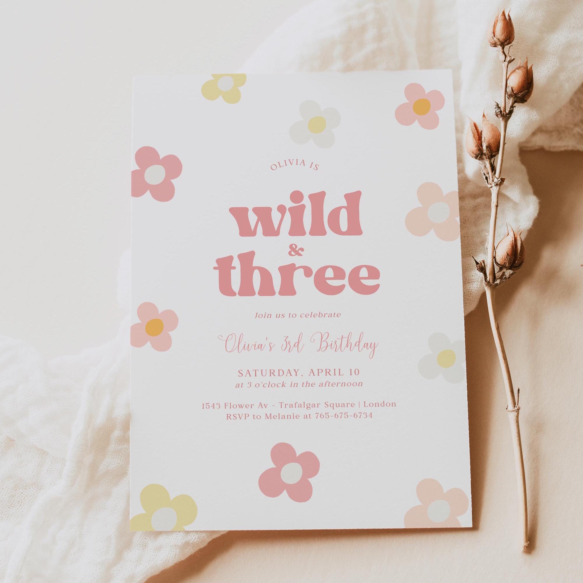 Editable Daisy Flower 3rd Birthday Invitation Template, Wild and Three ...