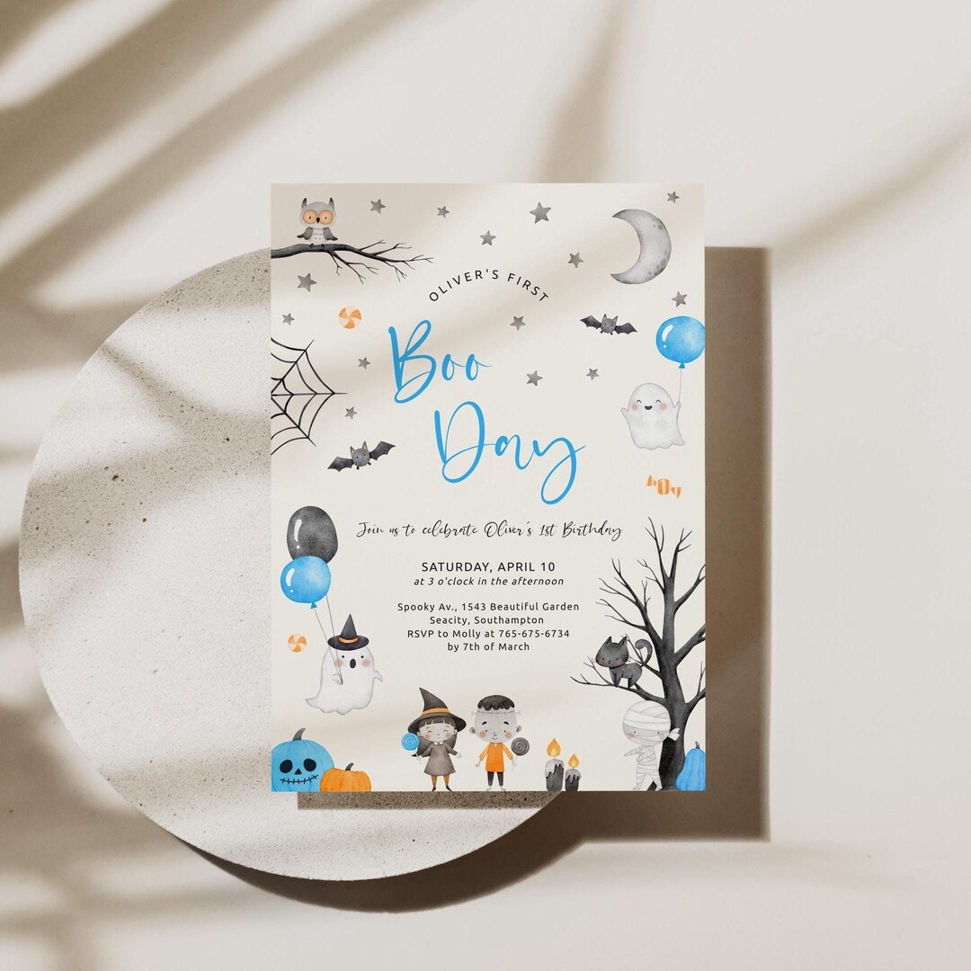 Blue Halloween Boo Day Birthday Invitation Template, Halloween First ...