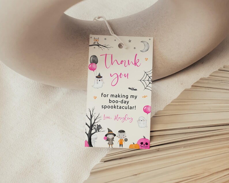Pink Halloween Birthday Favor Tag Template, Halloween Birthday Party ...