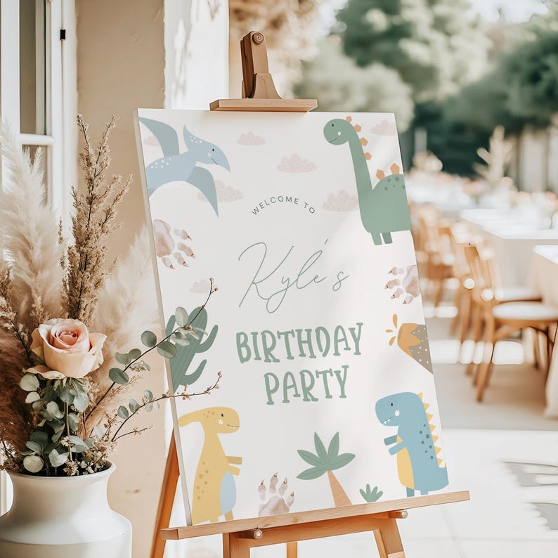 Two-rex Dinosaur Birthday Welcome Sign Template, Green Dino Birthday ...