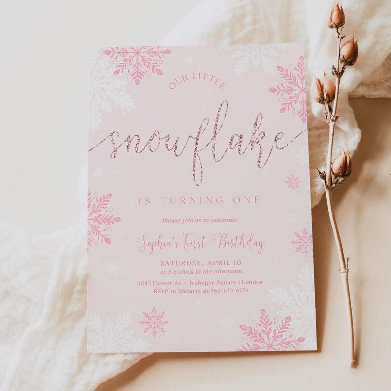 Pink Winter Snowflake Birthday Invitation, Editable 1st Birthday ...