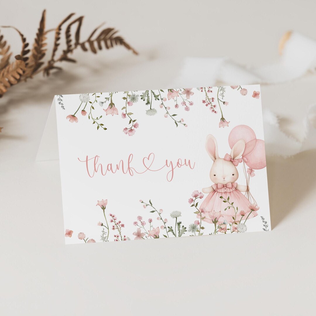 Wildflower Bunny Birthday Thank You Card Template, Editable Easter ...