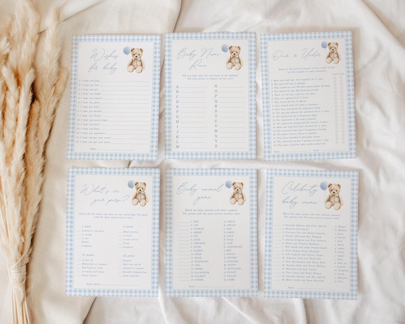 Gingham Teddy Bear Baby Shower Game Bundle, Bearly Wait Baby Shower Boy ...