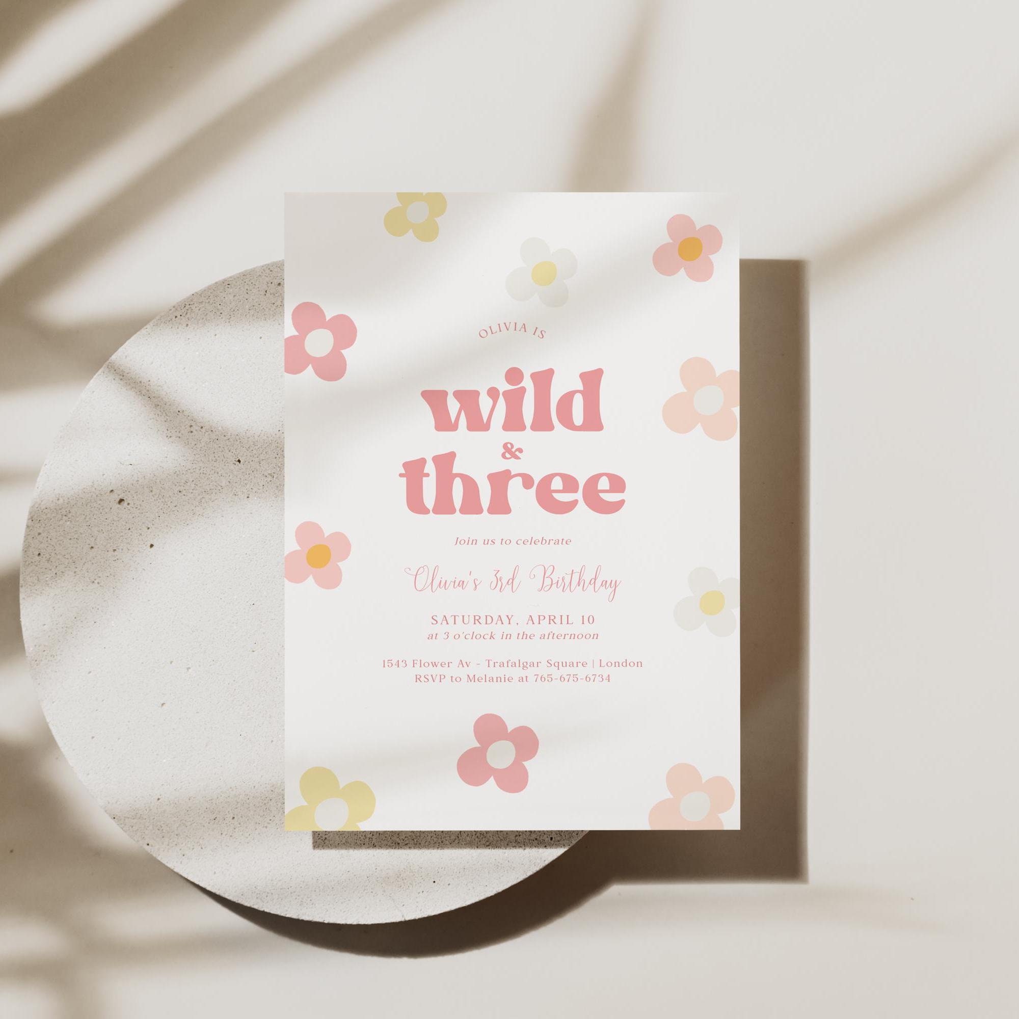 Editable Daisy Flower 3rd Birthday Invitation Template, Wild and Three ...