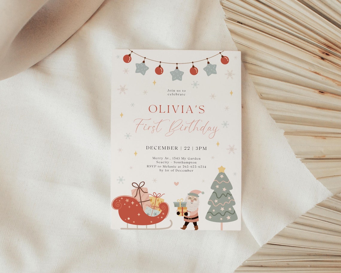 Editable Christmas First Birthday Invitation Template, Winter Birthday ...