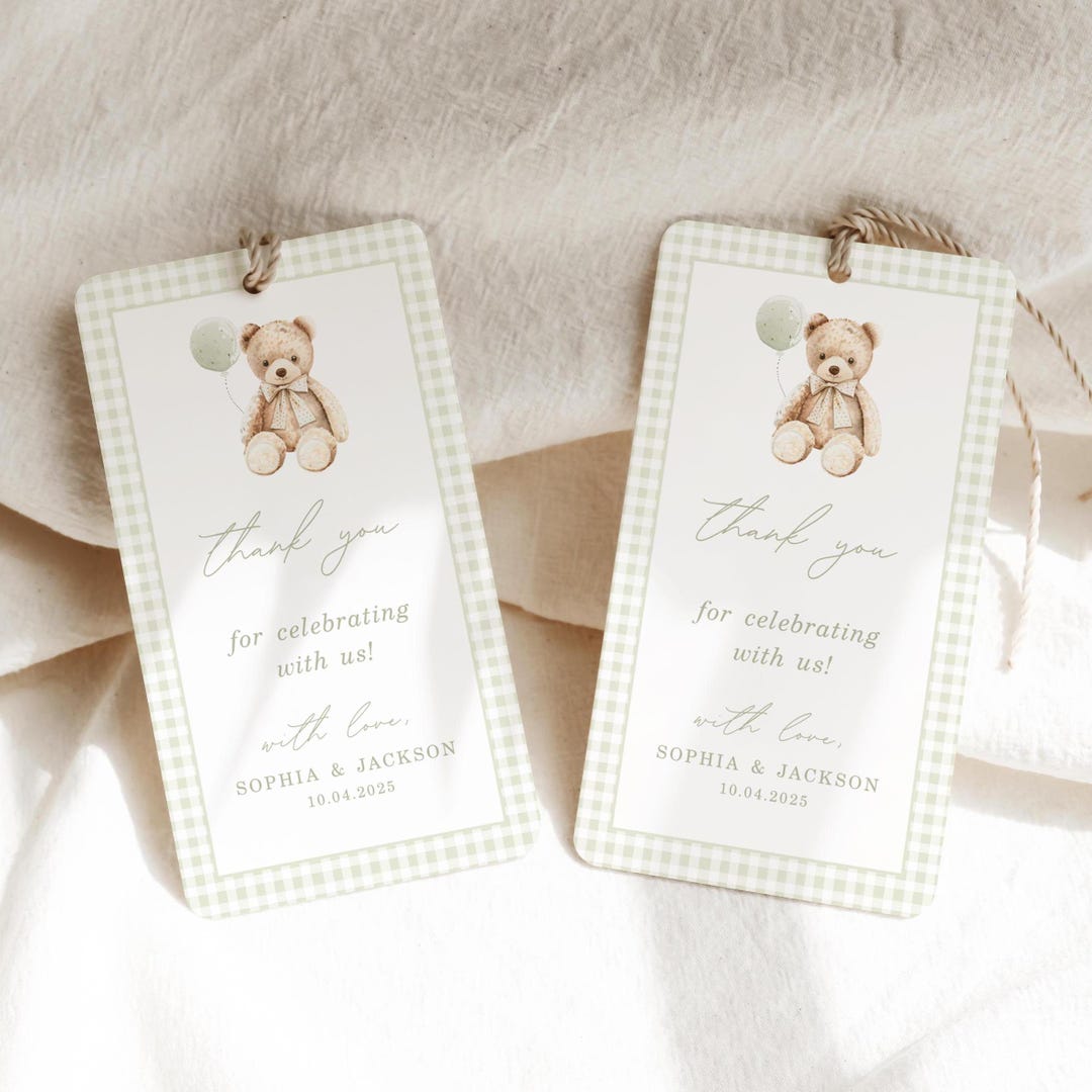 Gingham Teddy Bear Baby Shower Thank You Tag, Green Bearly Wait Baby ...