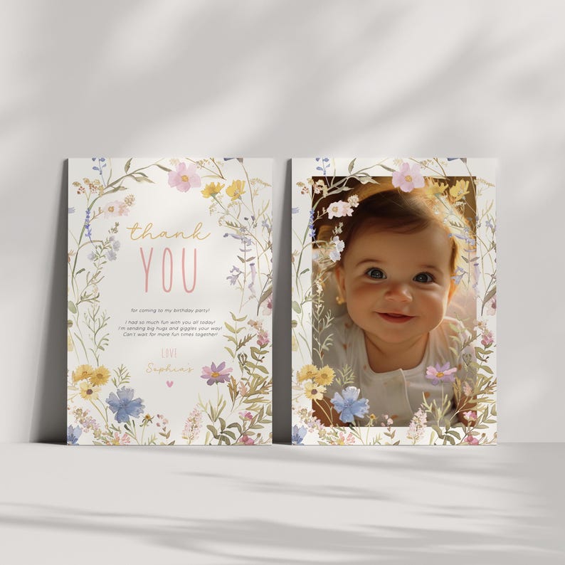Wildflower Birthday Thank You Card Template, Editable Birthday Girl ...