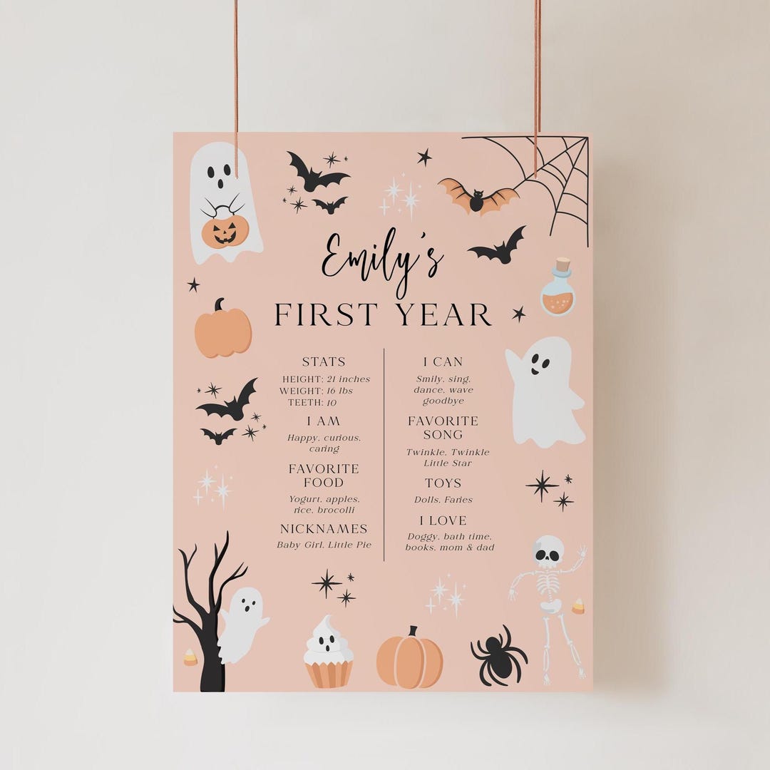 Halloween Birthday Milestone Facts Poster Sign, My First Year Spooky ...