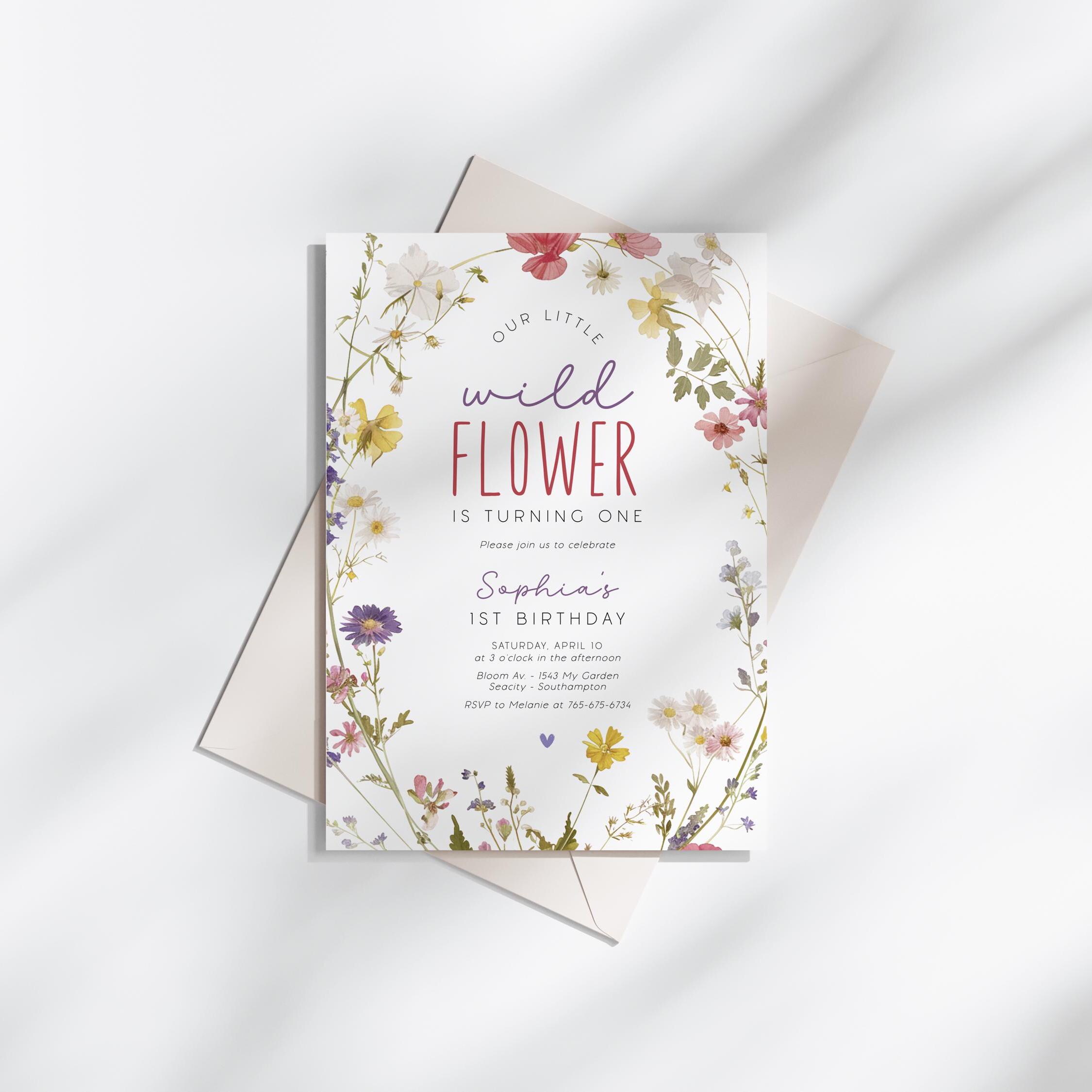 Editable Wildflower Birthday Invitation Template, First Birthday Girl ...