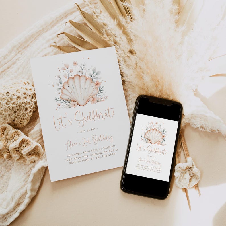 Editable Sea Shell Birthday Girl Invitation, Let's Shellebrate Beach ...