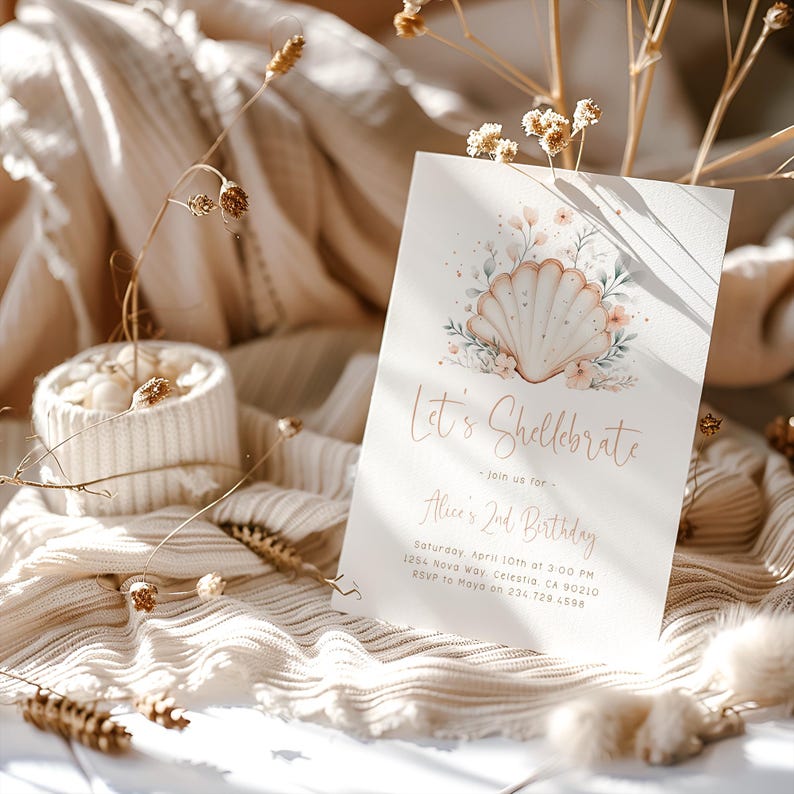 Editable Sea Shell Birthday Girl Invitation, Let's Shellebrate Beach ...