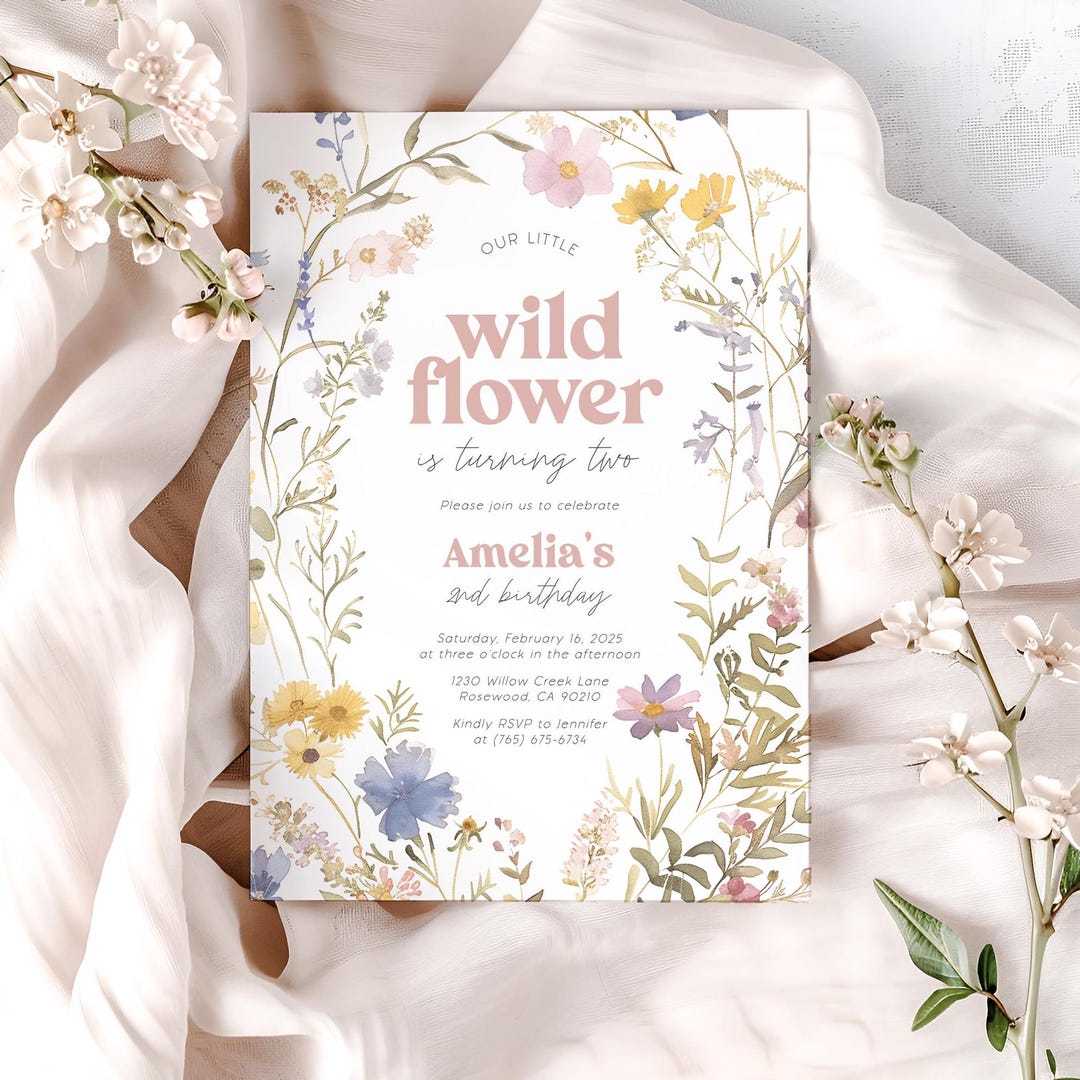 PINK Wildflower 2nd Birthday Invitation Template, Editable Two Wild ...