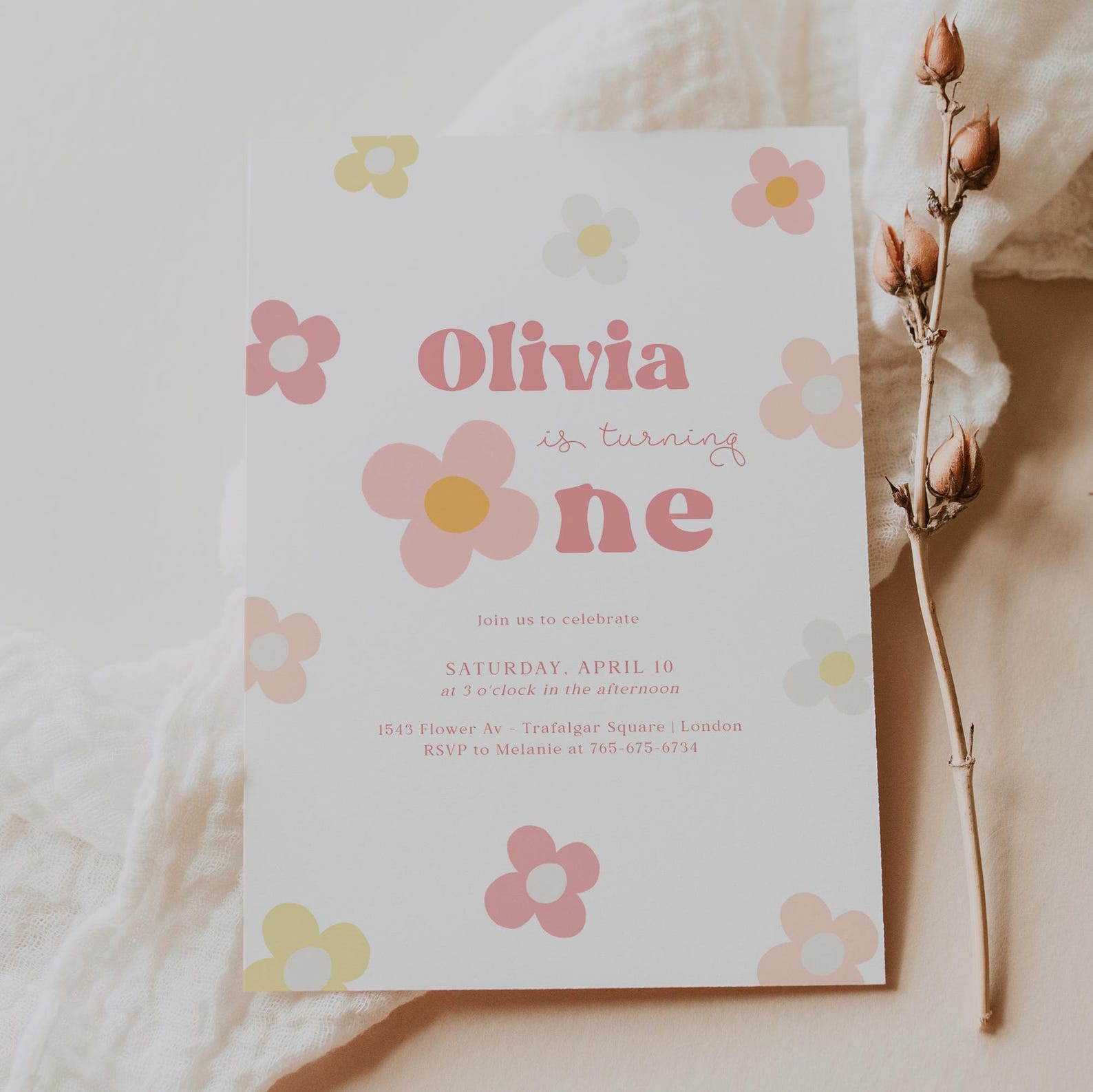 Daisy Flower 1st Birthday Invitation Template, Flower Birthday Girl ...