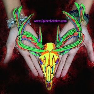 HUGE NEON Wicked Deer Stag Skull Patch Iron on Patch or Sew on Pagan ...