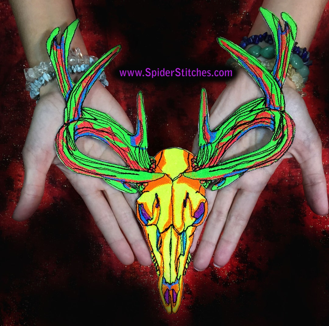 HUGE NEON Wicked Deer Stag Skull Patch Iron on Patch or Sew on Pagan ...