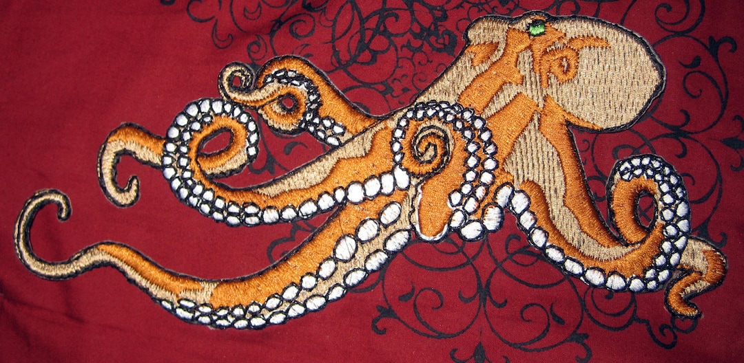 Huge Giant Octopus Octopie Jacket Back Iron on Patch Rustic Tan Emerald ...