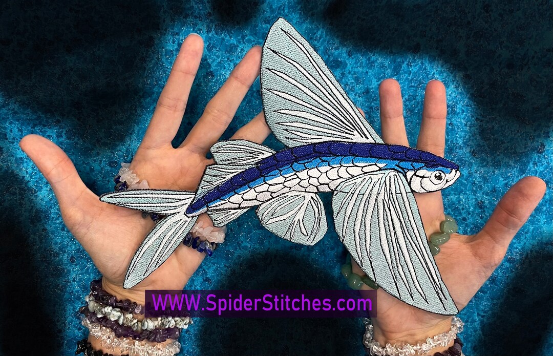 Huge Flying Fish Cod Iron on Patch Gliding Fish Freedom Barbados Orchid ...