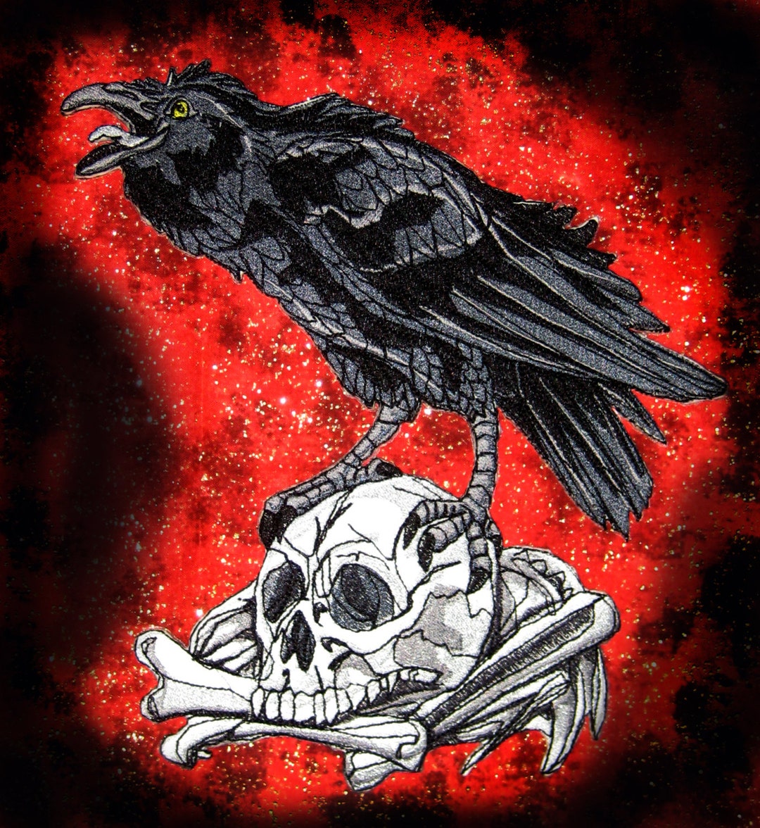 Giant Raven Crow Black Bird on a Skull Iron ON Patch Sew on Never More ...