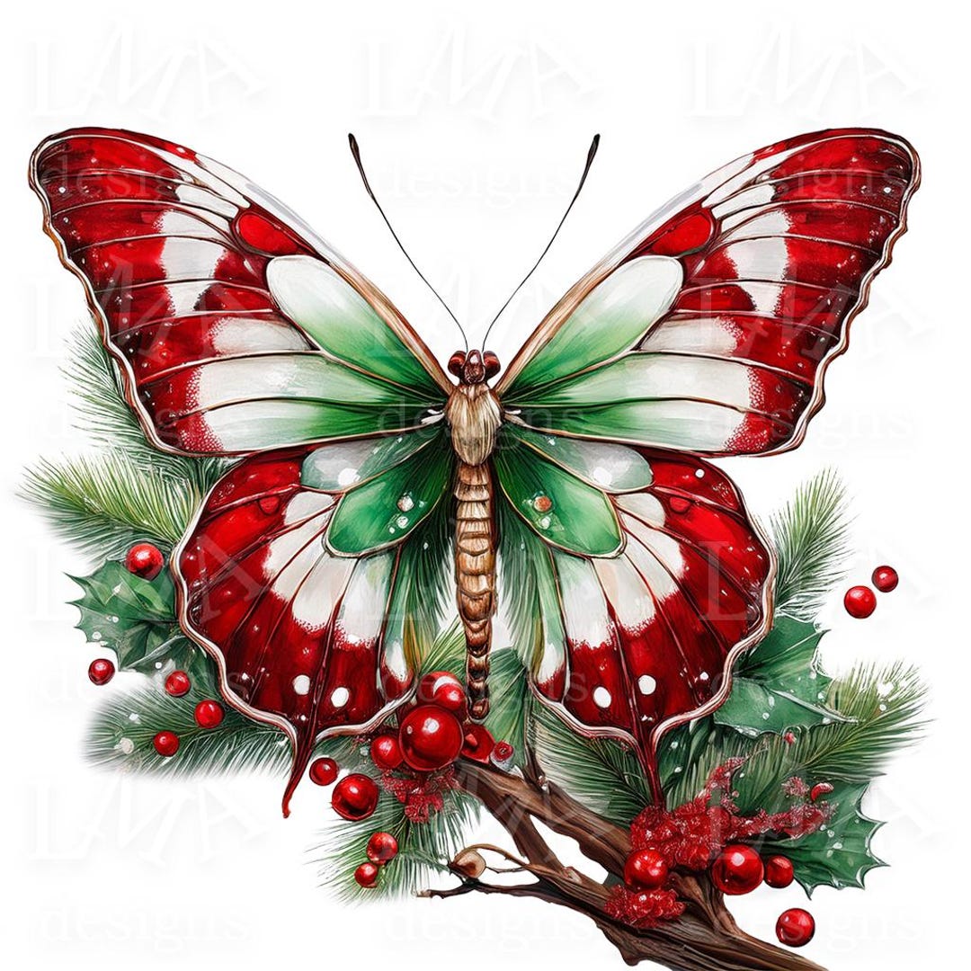 10 Christmas Butterflies in Red, Green and White Colors With Greenery ...