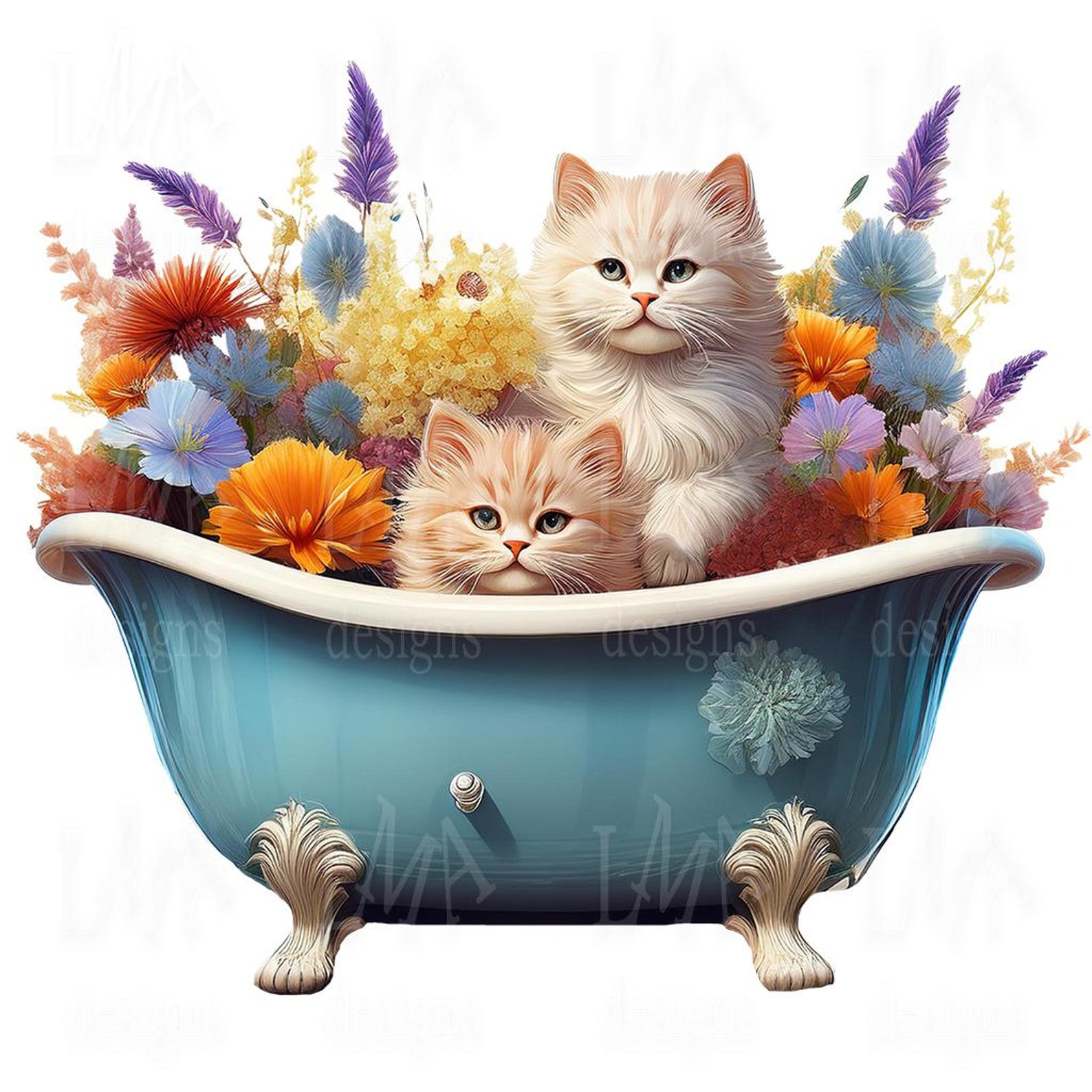 Playful Kittens in Blue Victorian Tubs With Colorful Flowers. - Etsy