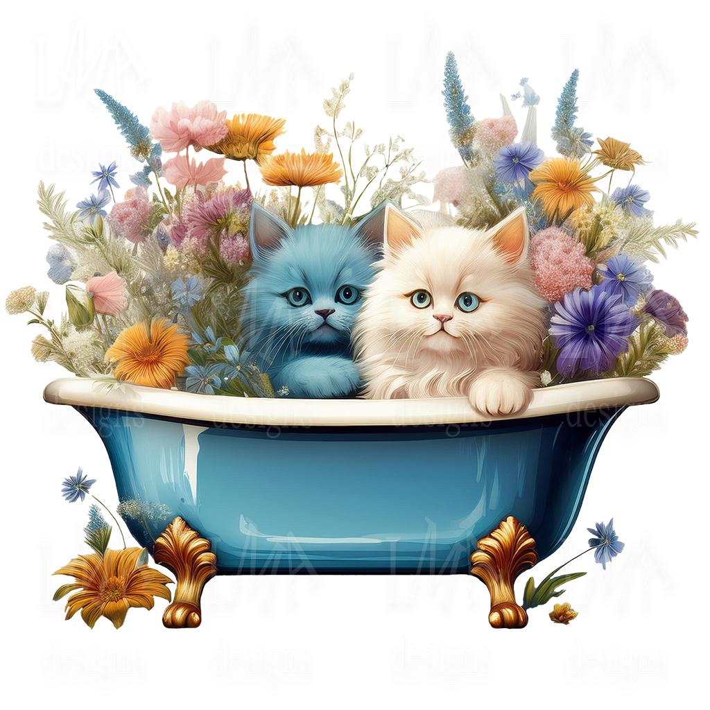 Playful Kittens in Blue Victorian Tubs With Colorful Flowers. - Etsy
