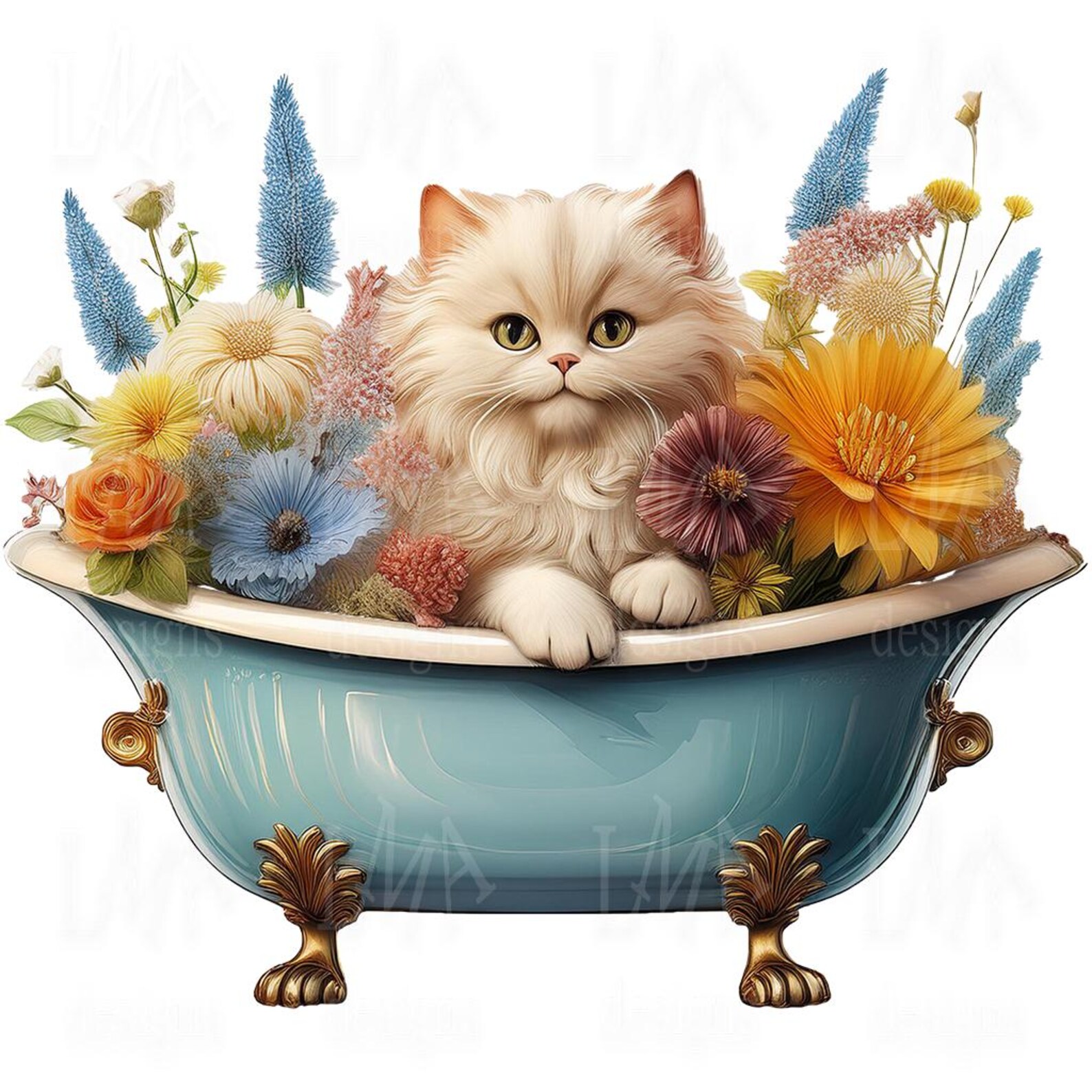 Playful Kittens in Blue Victorian Tubs With Colorful Flowers. - Etsy