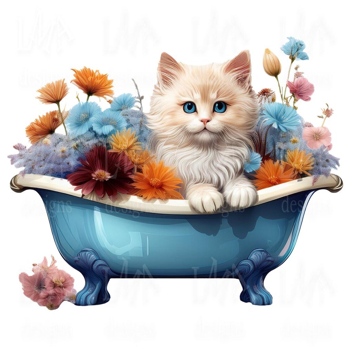 Playful Kittens in Blue Victorian Tubs With Colorful Flowers. - Etsy