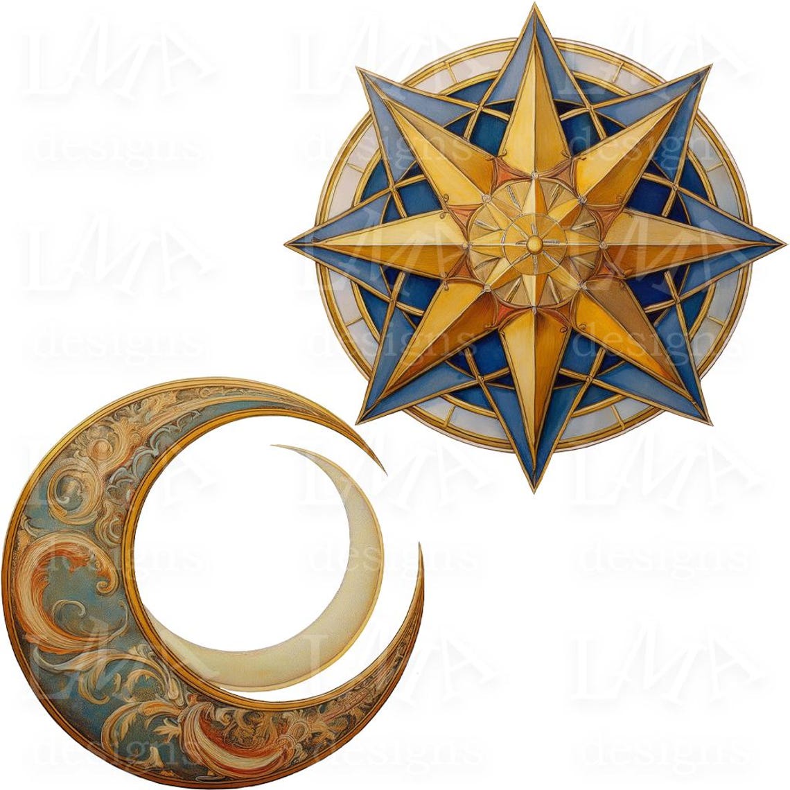 12 Victorian Symbols & Symbolism – Crescent Moon and Stars – Set 5 ...