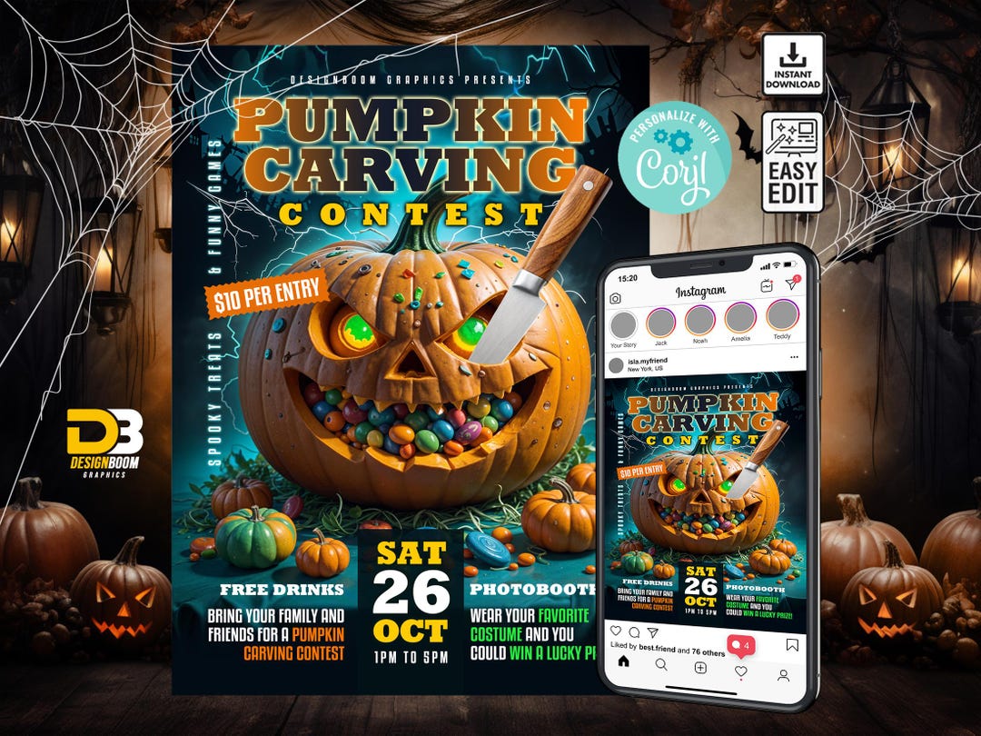 Editable Halloween Pumpkin Carving Contest Flyer, Halloween Decorating ...