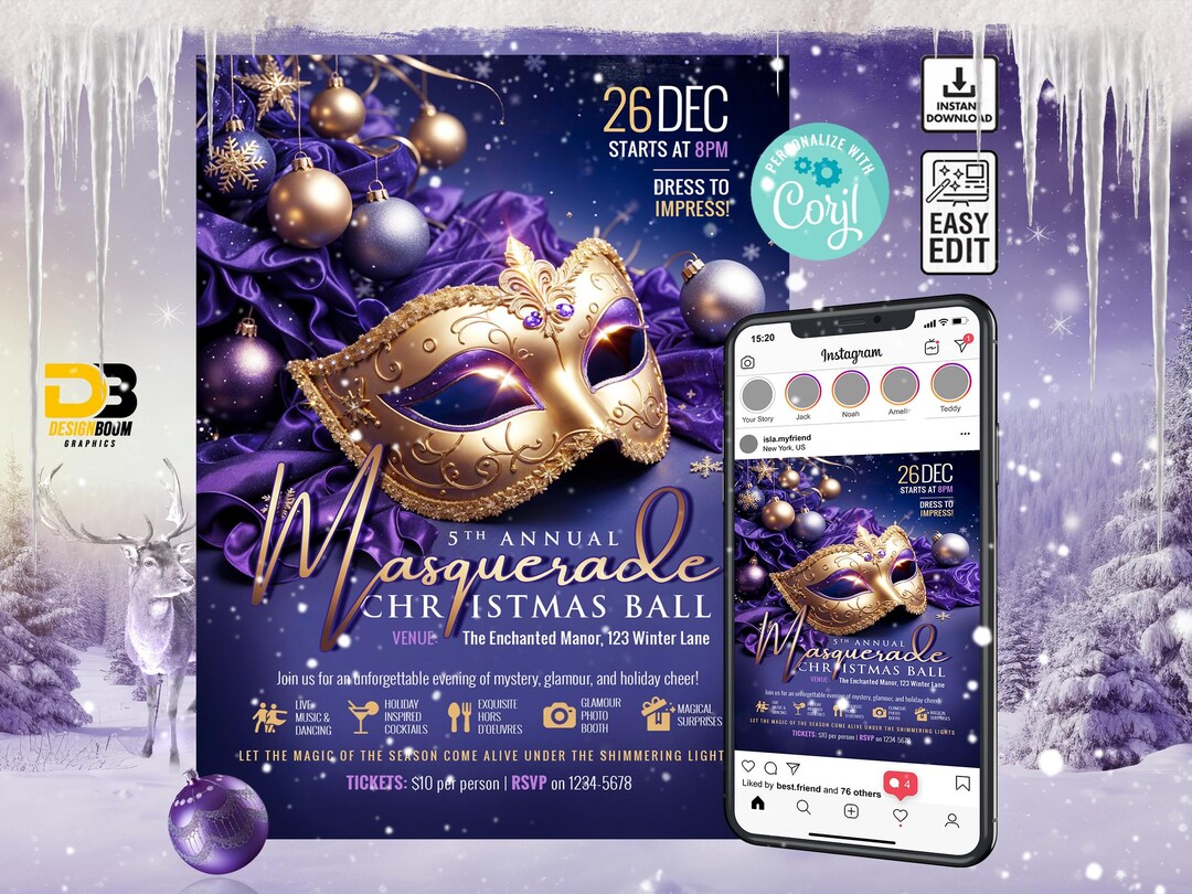 Christmas Masquerade Ball Invitation, Editable Masquerade Party ...