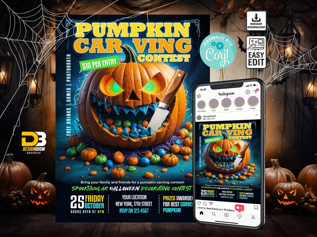 Editable Halloween Pumpkin Carving Contest Flyer, Halloween Decorating ...