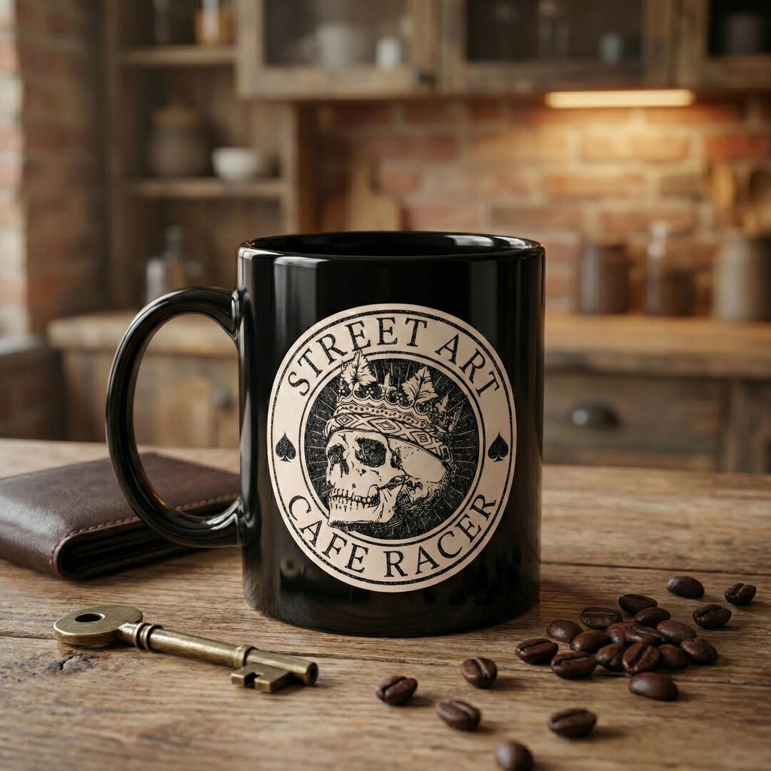 Cafe Racer Mug, Biker Gift, Skull Coffee Cup, Black Ceramic, Motorcycle ...