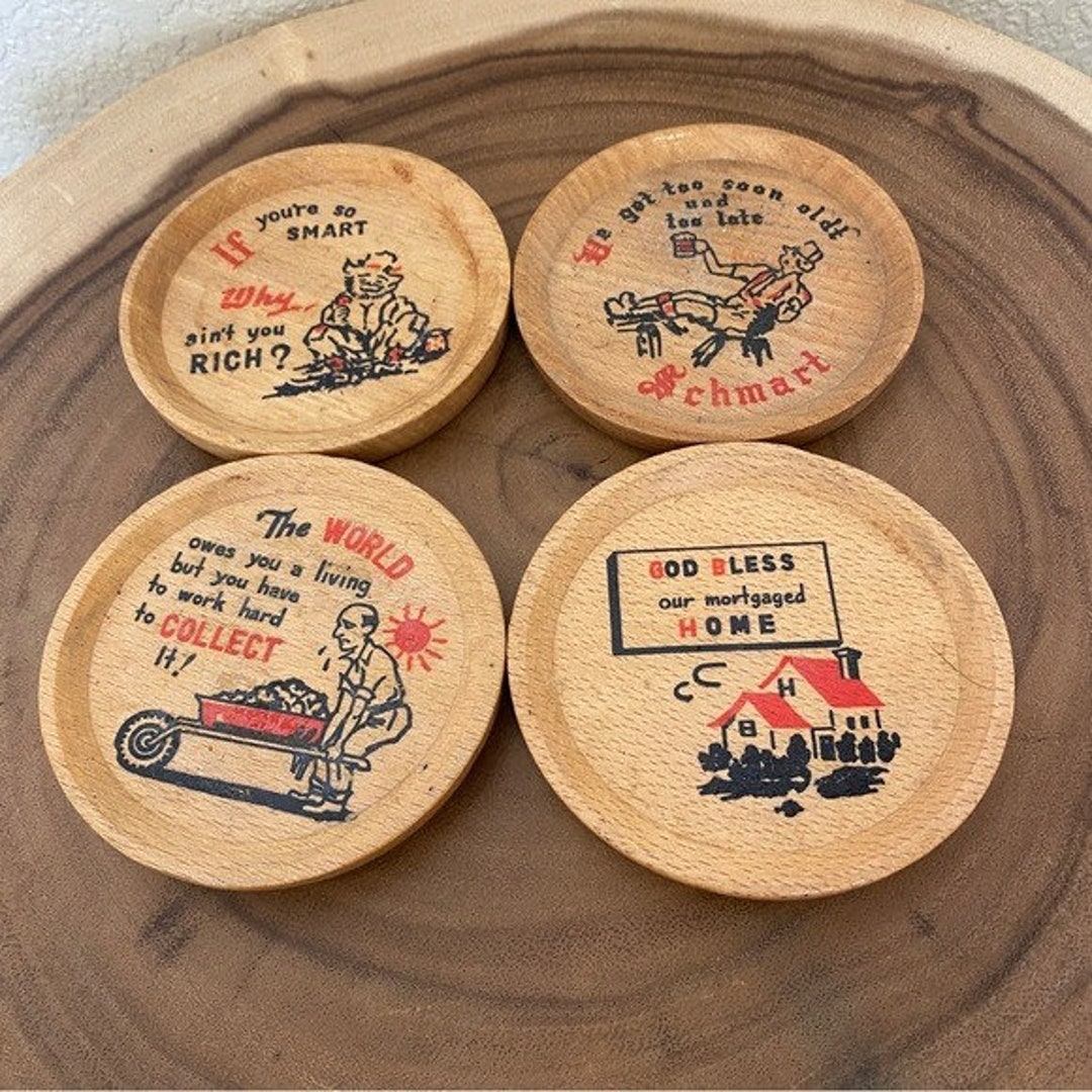 Vintage Set of 4 Wooden Coasters Funny Sayings Money Made in Japan - Etsy