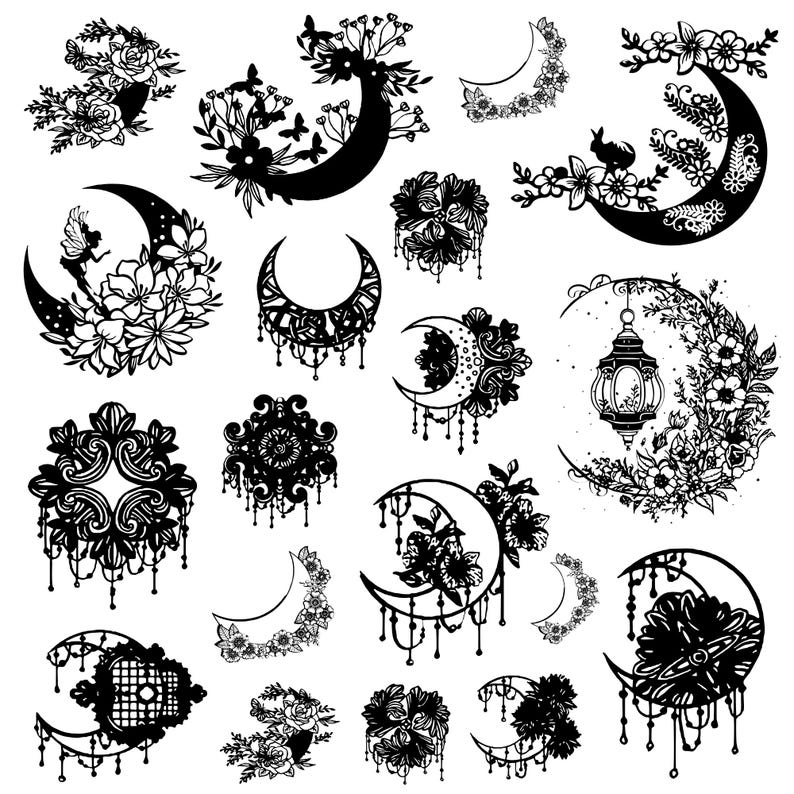 Floral Moon Svg Bundle, Moon Flower Clipart, Mystical Moon Vector ...